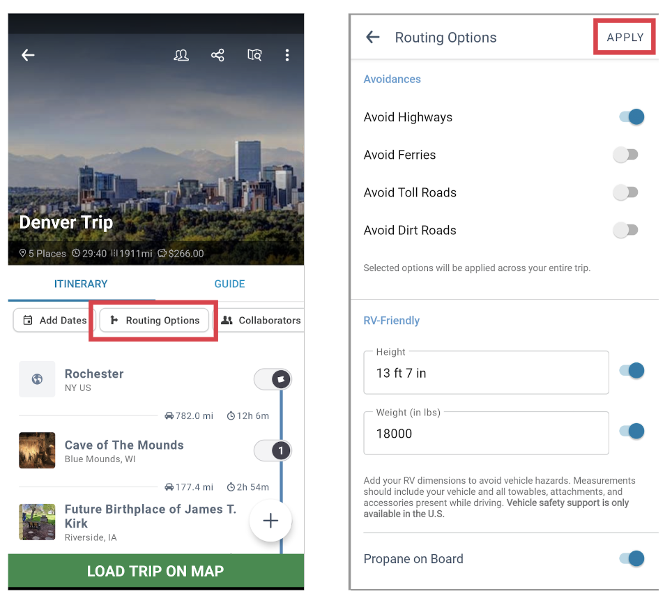Preview and Navigate with Avoidances and RV Safe Preferences Applied ...